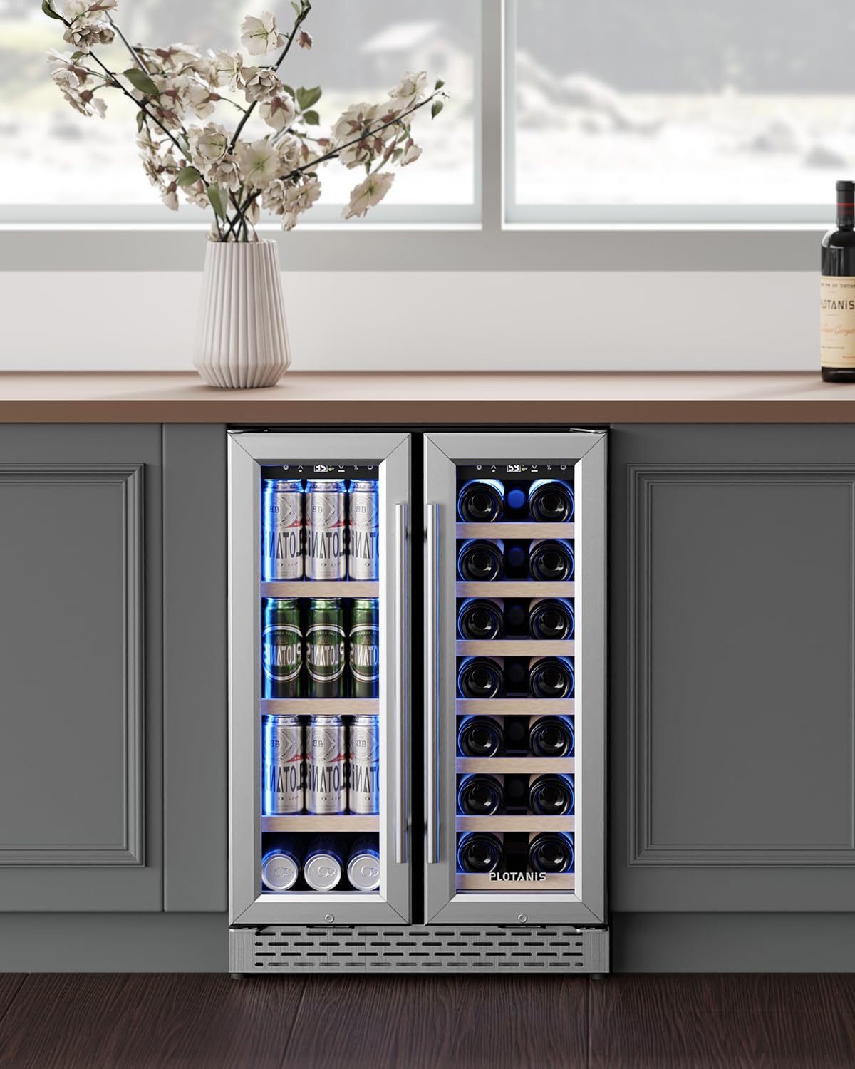 Plotanis 24 Inch Wine Fridge Dual Zone 20 Bottles 60 Cans Wine Refrigerator Built-in or Freestanding Wine Beverage Cooler with Glass Door, 3-Color Light, Safety Lock