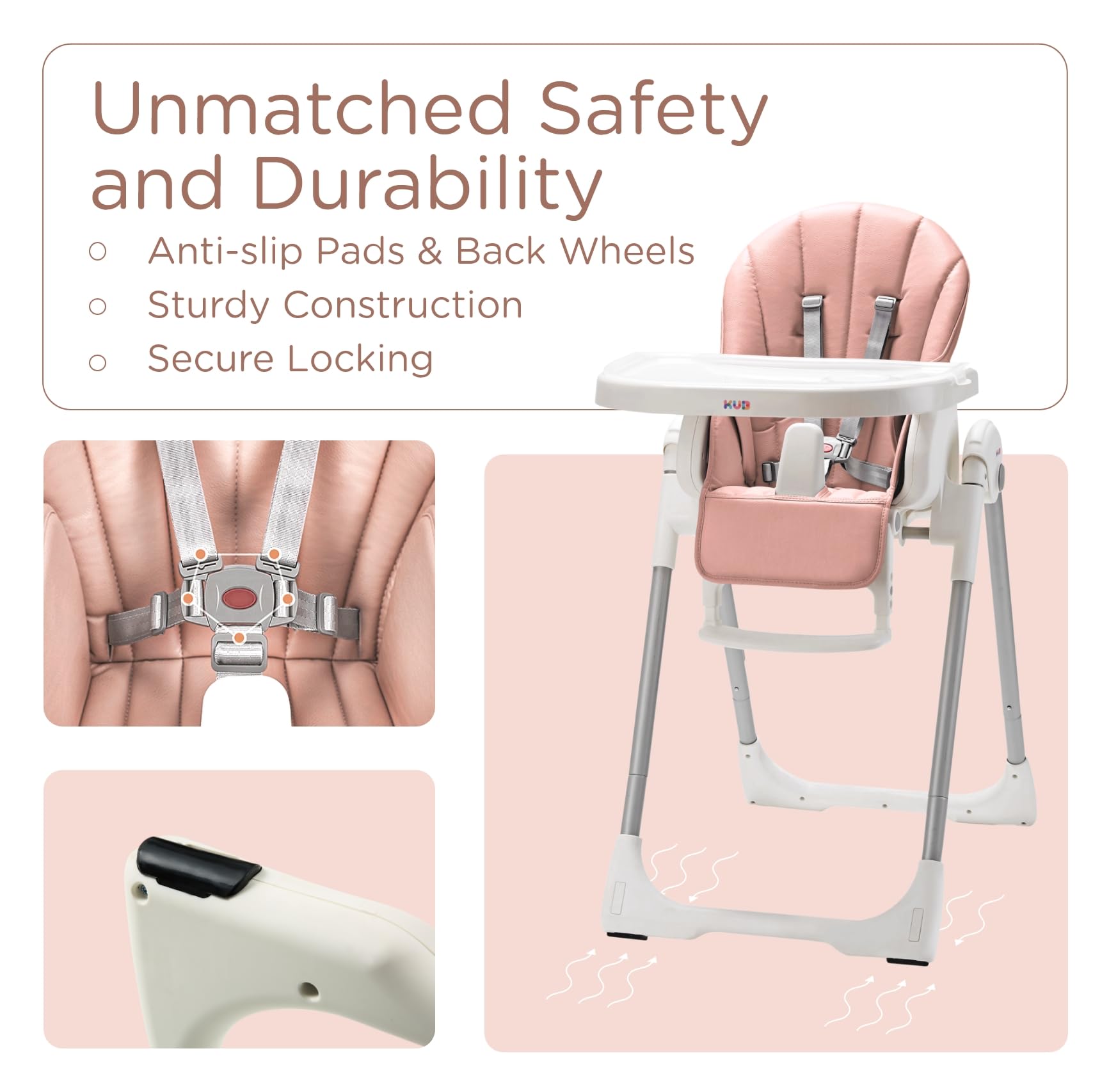 KÜB 3-in-1 Foldable Baby High Chair | 7 Height & 4 Recline Adjustable | Removable Seat & Tray for Easy Clean | 2 Locking Wheels | Multifunctional Infant Highchair for Babies Toddlers Girl (Pink)