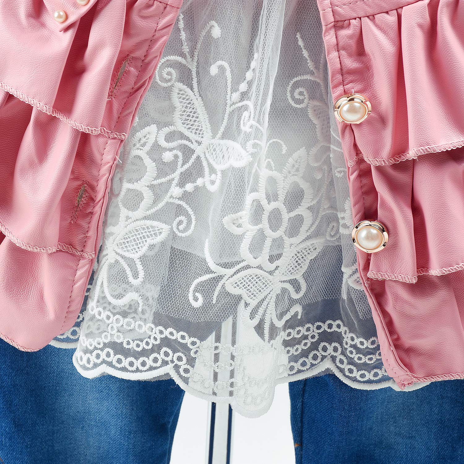 Peacolate 6M-4Y Baby Little Girls 3pcs Outfits Leather Hoodie Jacket Lace T-Shirt Denim Jeans(6-12M,Pink)