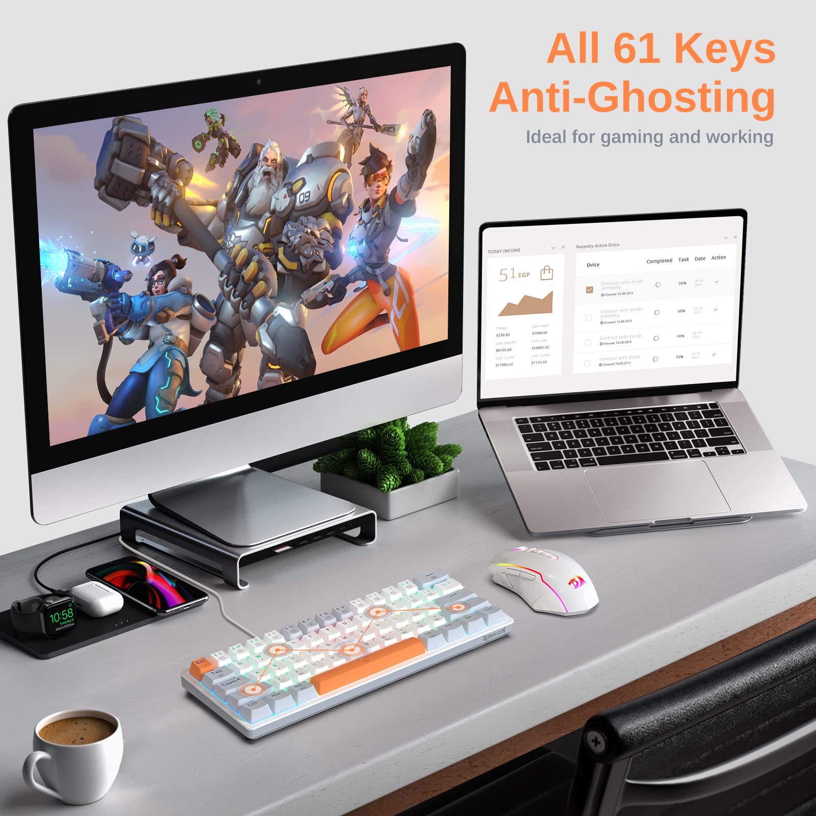 60% Keyboard Mechanical, Mini Wired Gaming Keyboard Compact 60 Percent Keyboard, RGB Backlit Hot-Swappable Red Switch Fully Programmable for Windows Laptop PC Mac,K642WGO White-Gray
