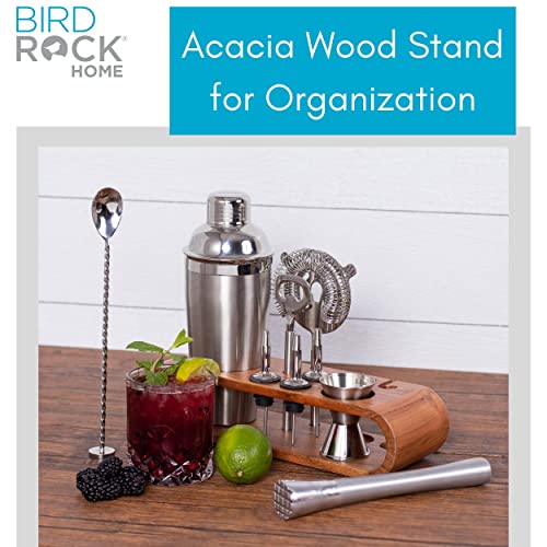 BIRDROCK HOME 10 Piece Bartender Kit with Wood Stand | Acacia | Professional Grade Stainless Steel Cocktail Set | Home Bar Tools | Gifts for Him | Shaker Bottle Opener
