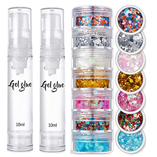 Chunky Holographic Body Glitter,JASSINS 7 Layer Style Holographic Face Body Glitter Set for Art Nail Art Glitters DIY,Face Makeup Glitter, Hair, Eye & Fine Glitter Eyeshadow (Color-2)