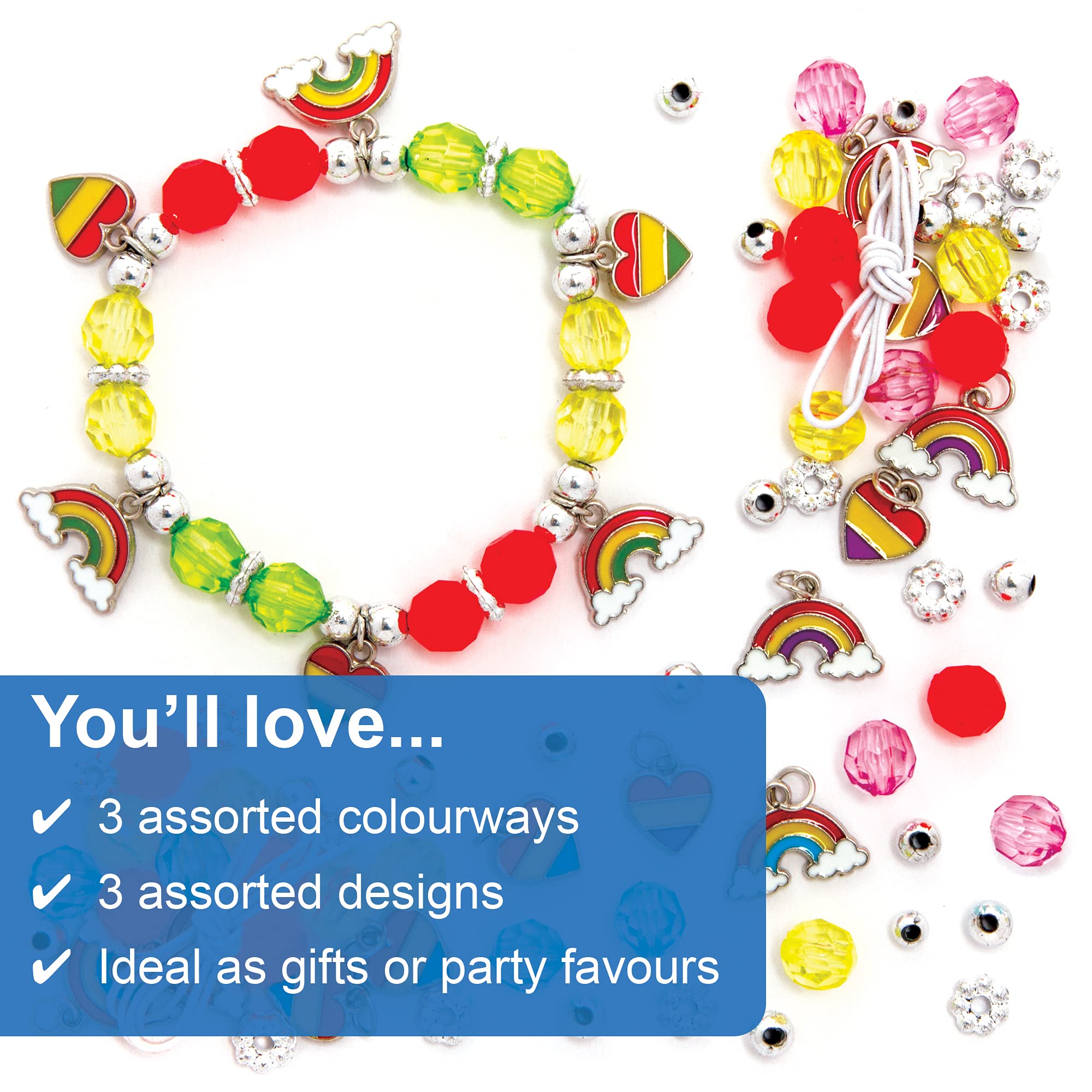 Baker Ross FE111 Rainbow Charm Bracelet Kits - Pack of 3, Perfect for Kids Jewelry Making Activities, Bead Art Activities or Party Crafting