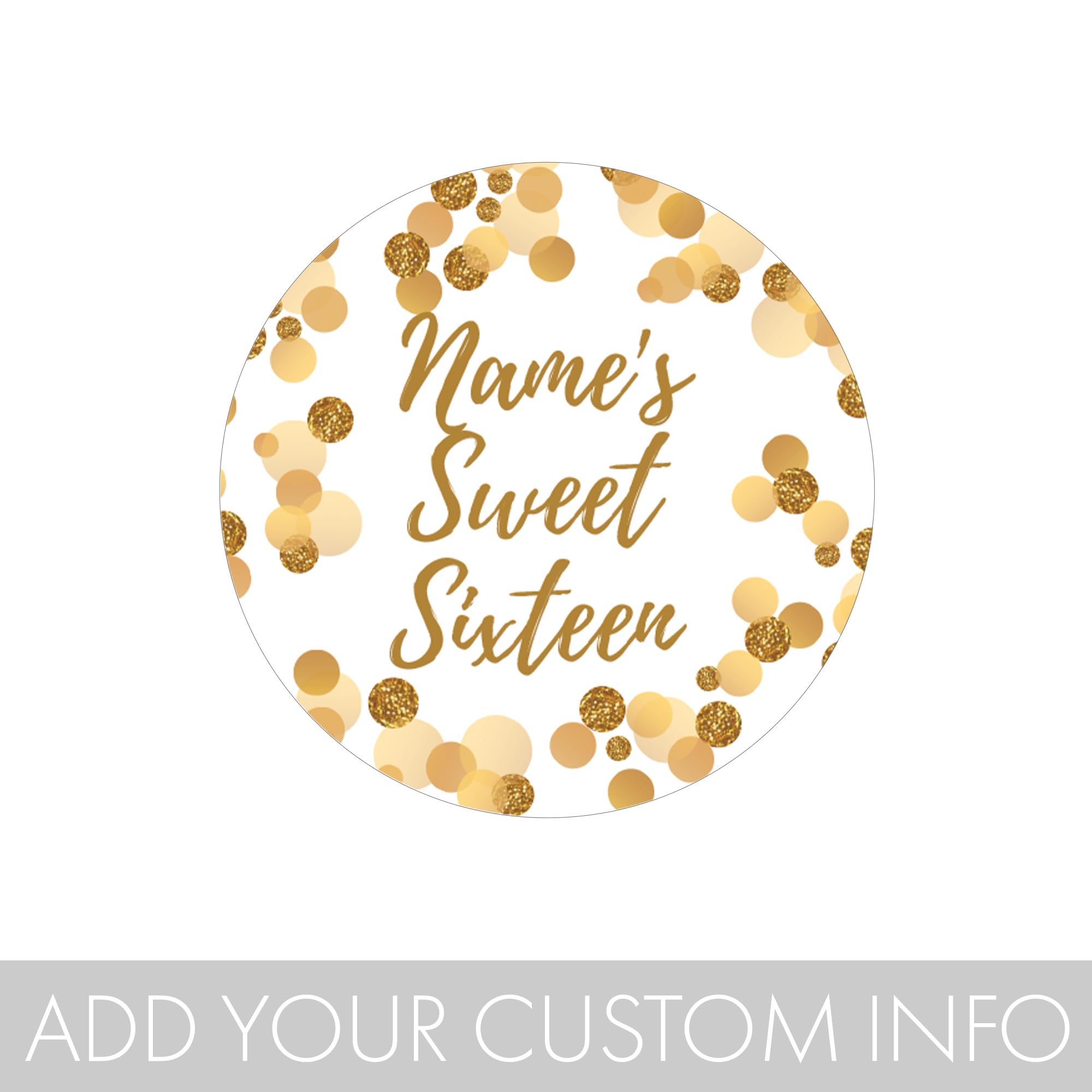 Personalized White and Gold Sweet 16 Birthday Party Favor Stickers with Name - Custom Envelope Seals, Bag Stickers - 1.75 in. Round - 40 Labels