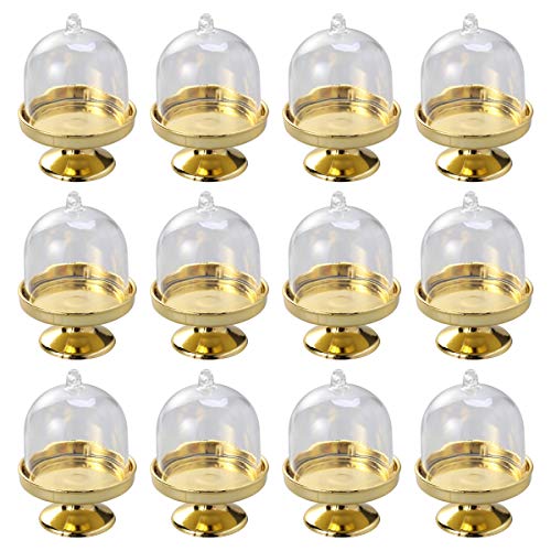 Healeved 12pcs Mini Cake Stand Chocolate Cupcake Candy Display Plate with Lid for Birthday Wedding Party Supplies - 8 x 6 x 6cm (Golden Base)