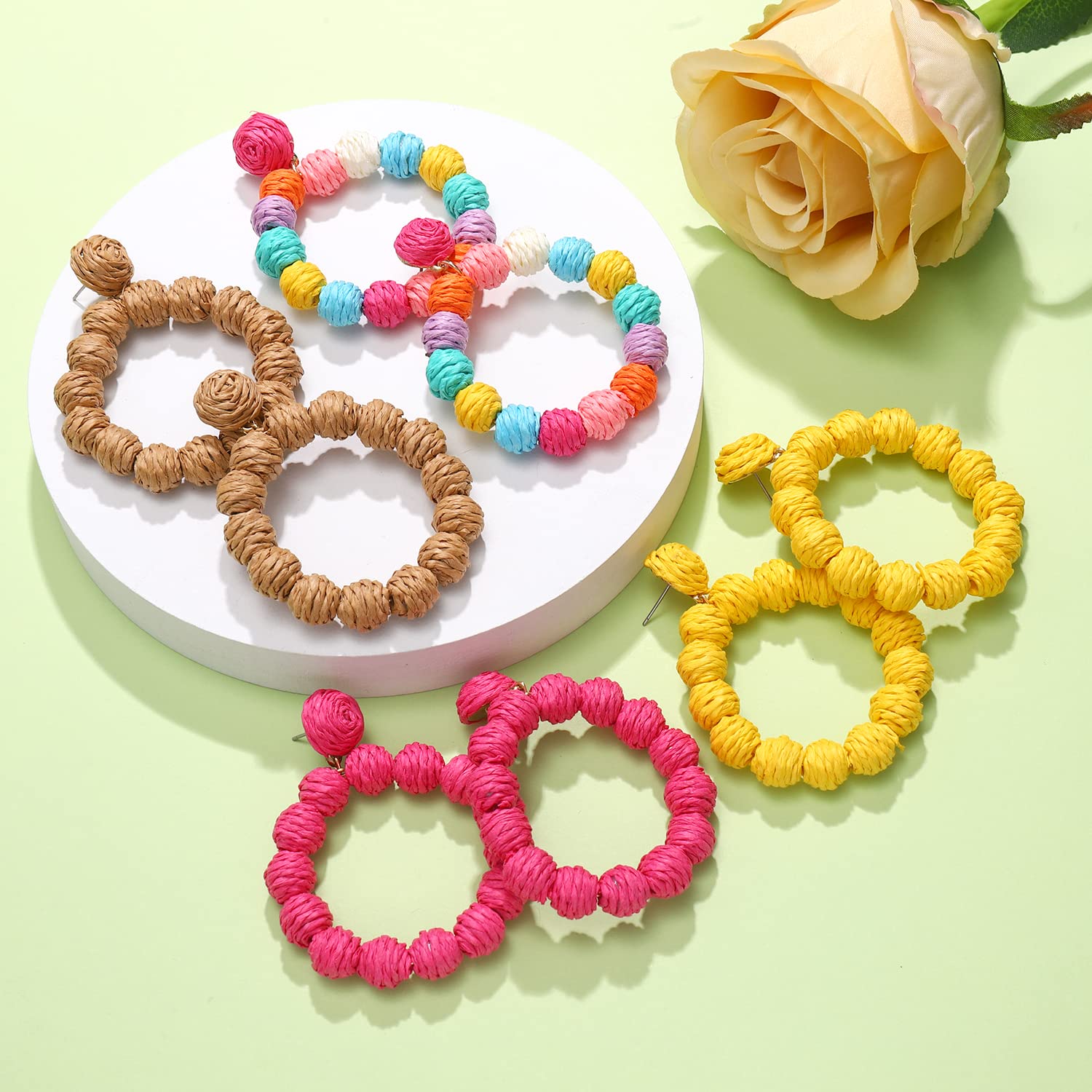 4 Pairs Rattan Earrings for Women Boho Raffia Ball Hoop Dangle Earring Set Handmade Summer Beach Earrings Lightweight Straw Wicker Braid Earrings Gifts (4Pairs Dangle Earrings)