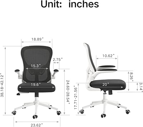 Hbada Ergonomic Office Chair Work Desk Chair Computer Breathable Mesh Chair with Adjustable Lumbar Support and Flip Up Arms, White