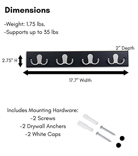 BirdRock Home Dual Hook Coat and Hat Rack - 4 Dual Hooks - 17 Inches - Wall Mount - Decorative Home Storage - Entryway Foyer Hallway Bathroom Bedroom Rail - Satin Nickel Hooks - Black Pine Bathroom Ra