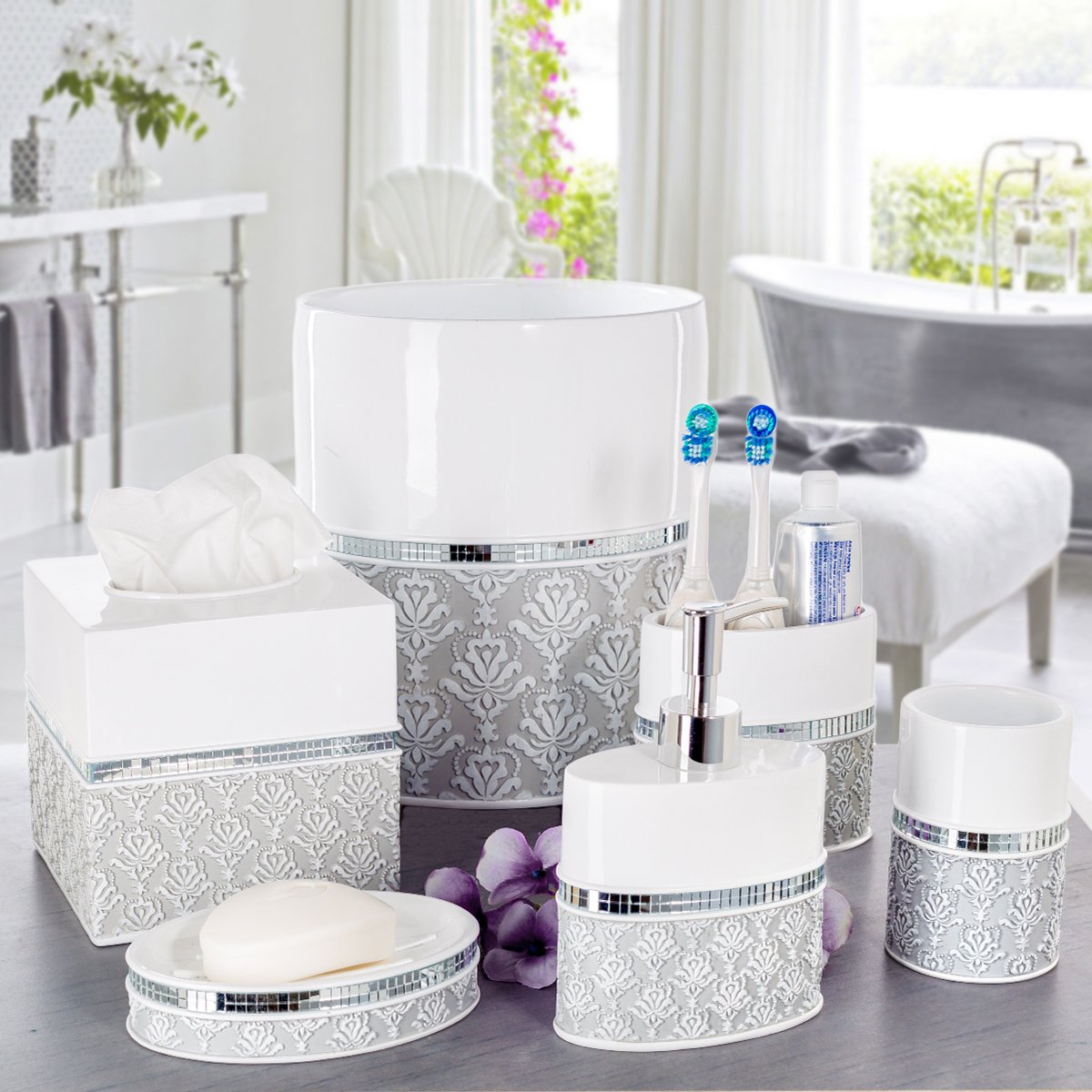 Creative Scents Bathroom Trash Can - Decorative Waste Basket for Bathroom - Durable Bathroom Wastebasket - Waste Bin for Bathroom, Powder Room Or Bedroom Mirror Damask Style (White and Gray)