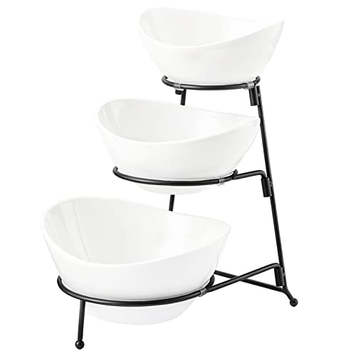 HBlife 3 Tier Oval Bowl Set with Metal Rack, Ceramic Fruit Bowl Serving, Tiered Serving Stand for Dessert Appetizer Cake Candy Chip Dip (Black)