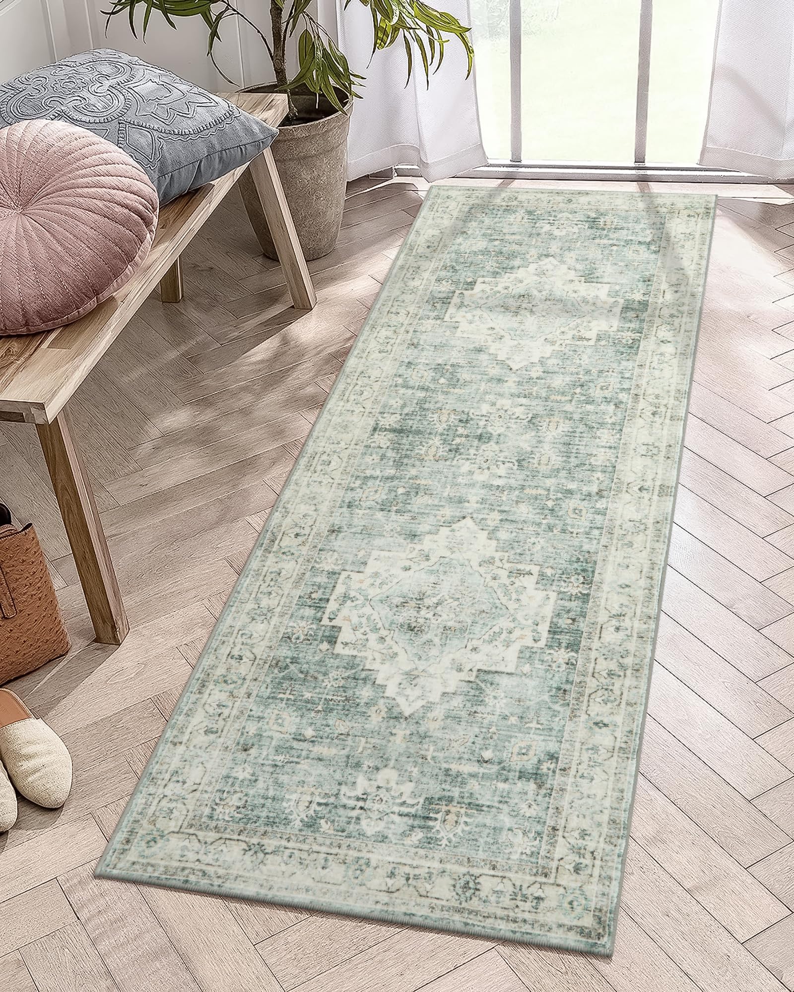 LIVEBOX Washable Kitchen Runner Rug 2x6- Boho Hallway Rug Runner Long Entryway Rug, Low-Pile Accent Rug for Bedroom, Non-Slip Soft Carpet Runner Throw Rug for Bathroom Laundry Room, Sage Green