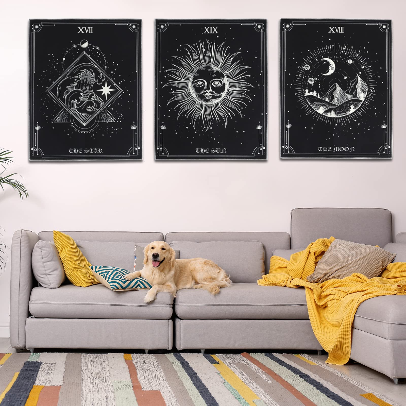 3 Pack Tarot Tapestry, Sun Moon & Star Tarot Card Tapestry, Vintage Sun Tapestry Vertical Aesthetic Wall Hanging With Seamless Nails (Black 15.4" x19.3") (Black)