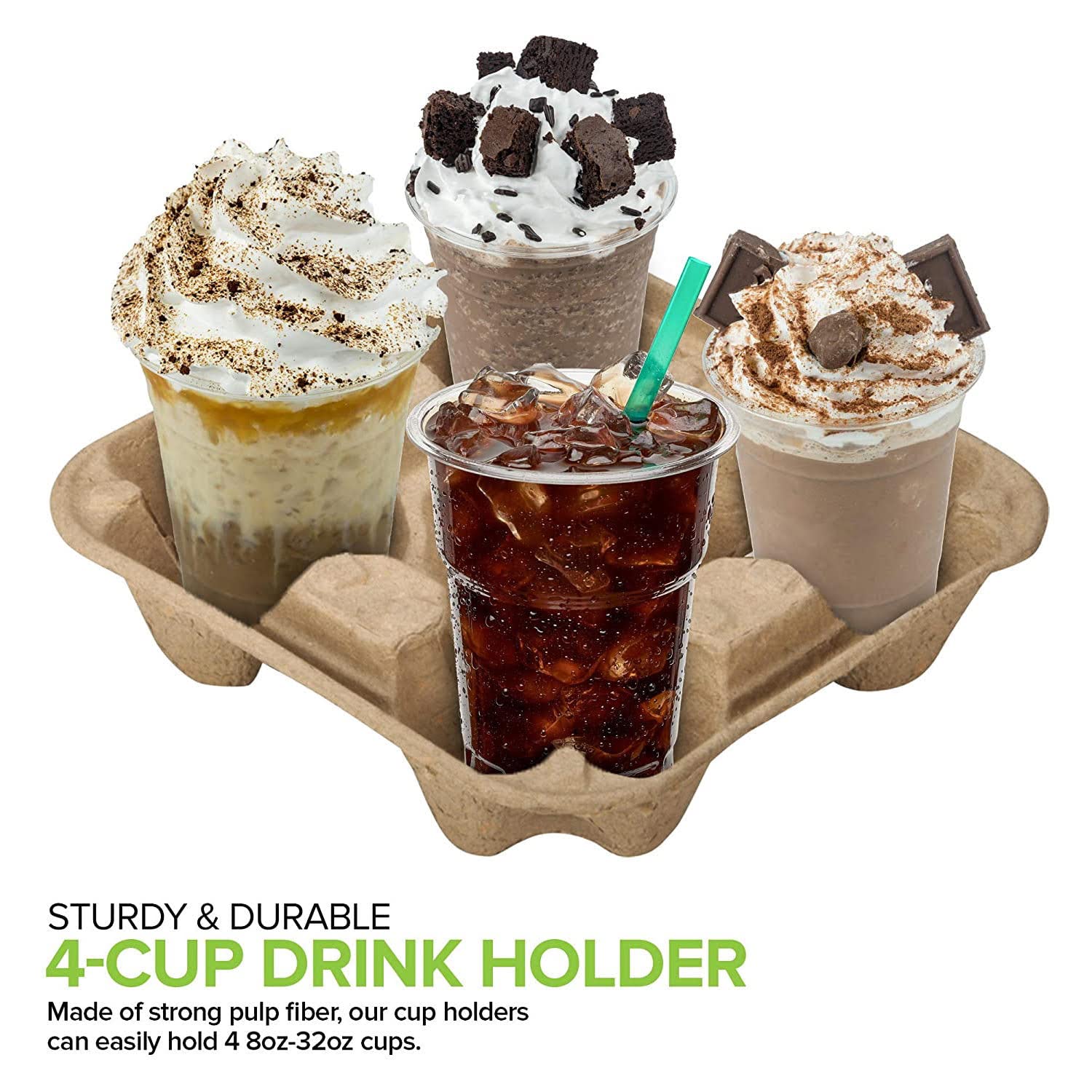 4 Cup Disposable Coffee Tray (50 Count) - Biodegradable and Compostable Cup Holder - Durable Drink Carrier for Hot or Cold Drinks - to Go Coffee Cup Holder for Food Delivery Service, Uber Eats