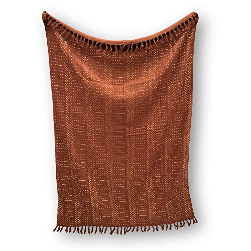 Trade Star Decorative Ethnic Block Print Throw Blanket for Couch 100% Cotton Soft Tassel Blanket Handmade Mudcloth Throw for Home Handloomed Housewarming Gift (Rust, Snow (120 x 170 Cms))