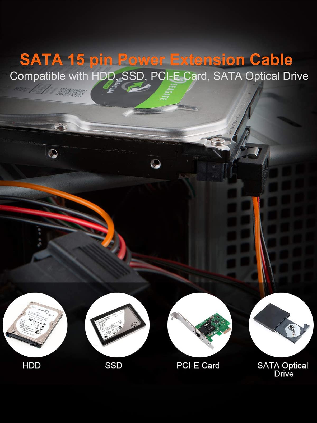 CableCreation SATA Power Cable, [2-Pack] 6-Inch SATA 15 Pin Male to 2xSATA 15 Pin Down Angle Female Power Splitter Cable
