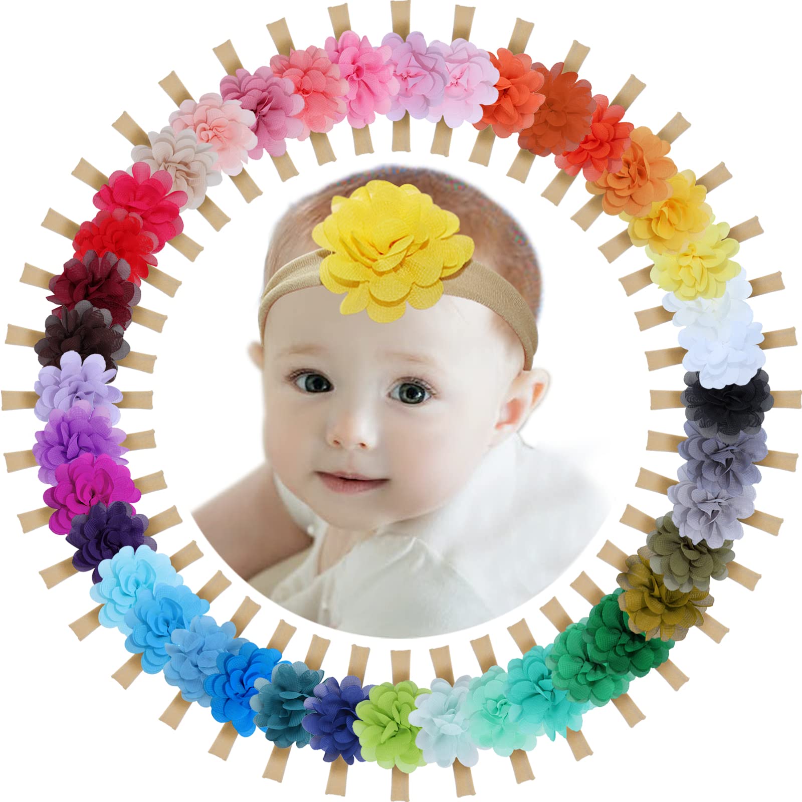 ALinmo 40 Pack 2" Chiffon Flower Headbands Elastics Nylon Headbands Hair Accessories for Baby Girls Newborn Infant Toddlers Kids