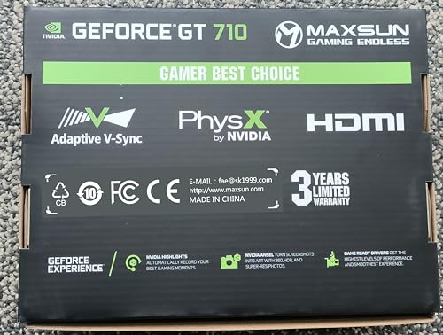 maxsun GEFORCE GT 710 2GB Low Profile Ready Small Form Factor Video Graphics Card GPU Support DirectX12 OpenGL4.5, Low Consumption, VGA, DVI-D, HDMI, HDCP, Silent Passive Fanless Cooling System