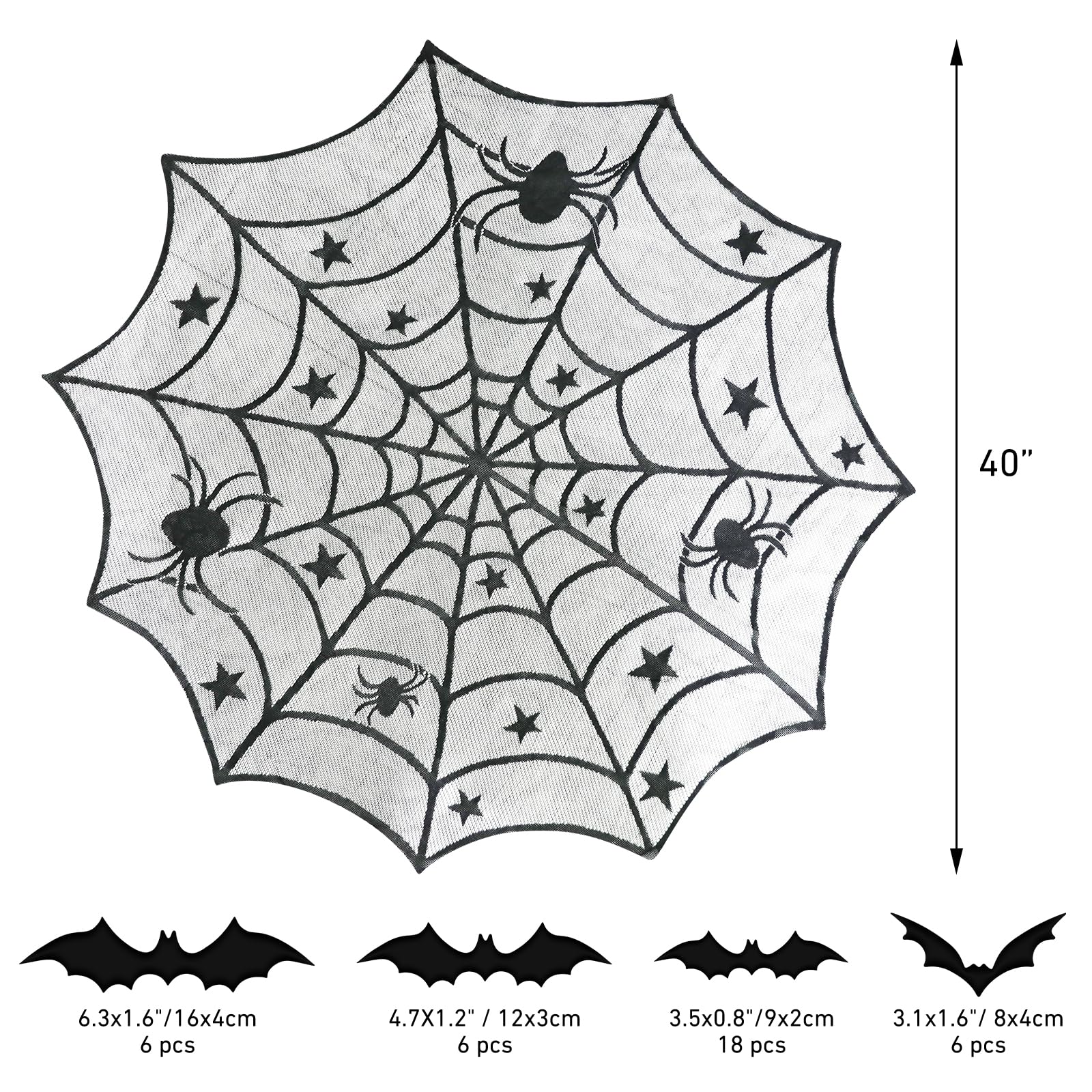 5 Pack Halloween Decorations Set Black Lace Tablecloth Round Cobweb Table Cover Fireplace Scarf Runner Lampshade with 36pcs 3D Bats for Halloween Decor Indoor Party Supplies (Halloween, One Size)