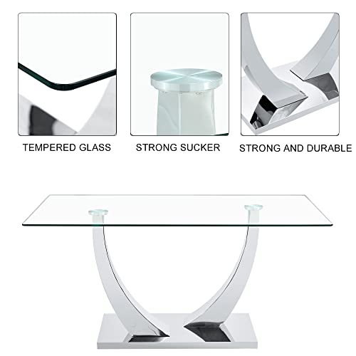 63" Modern Glass Dining Table for 4-6, Contemporary Rectangular Kitchen Dining Room Table with Tempered Glass Tabletop and Metal Pedestal Base, Large Long Dining Room Pedestal Table