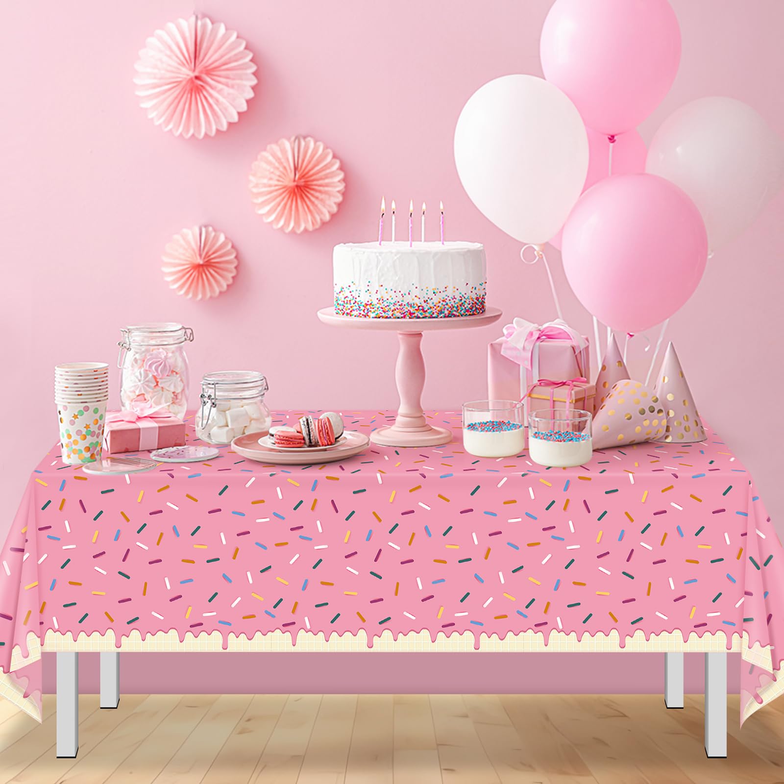 3Pcs Sprinkle Donut Tablecloth, Pink Ice Cream Table Cloth Disposable Plastic Rectangle Table Covers for Baby Girl Sweet One Birthday Donut Grow Up Donut Themed Party Decorations, 54 X 108 Inch