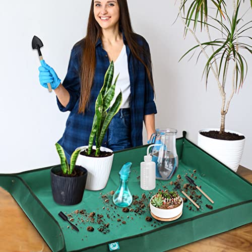 Anglekai Oxford Fabric Plant Repotting Mat 43.3" x 29.5", Waterproof Gardening Transplanting Potting Mat for Indoor, with 7Pcs Succulent Plant Tools Kit with Tarp Mat for Plant