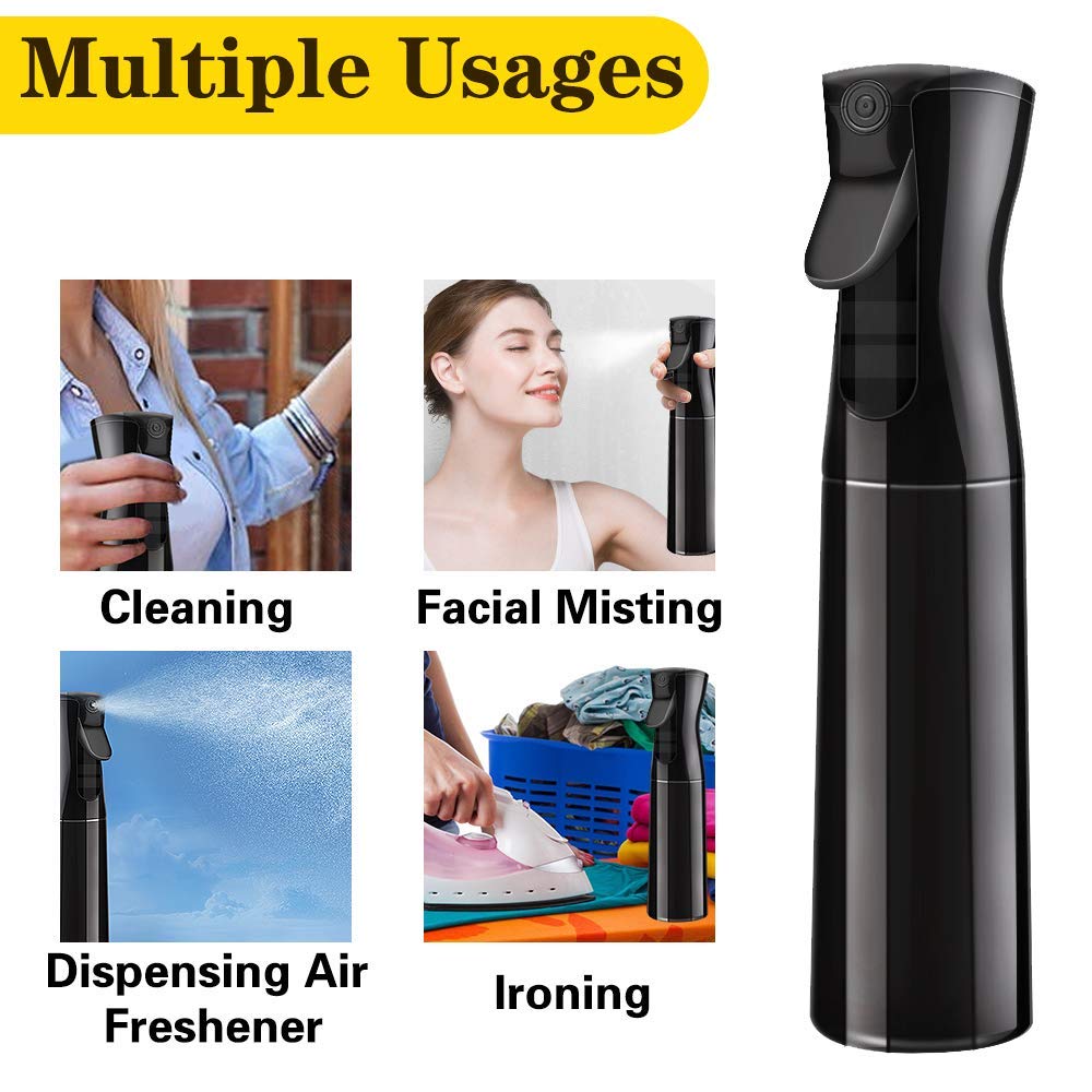 Spray Bottle for Hair 10oz Mist Spray Bottle, Continuous Spray Bottle 360 Misting Stylist Sprayers for Barber, Empty Mister Spray Bottle for cleaning, Planting, Hair styling (Black)