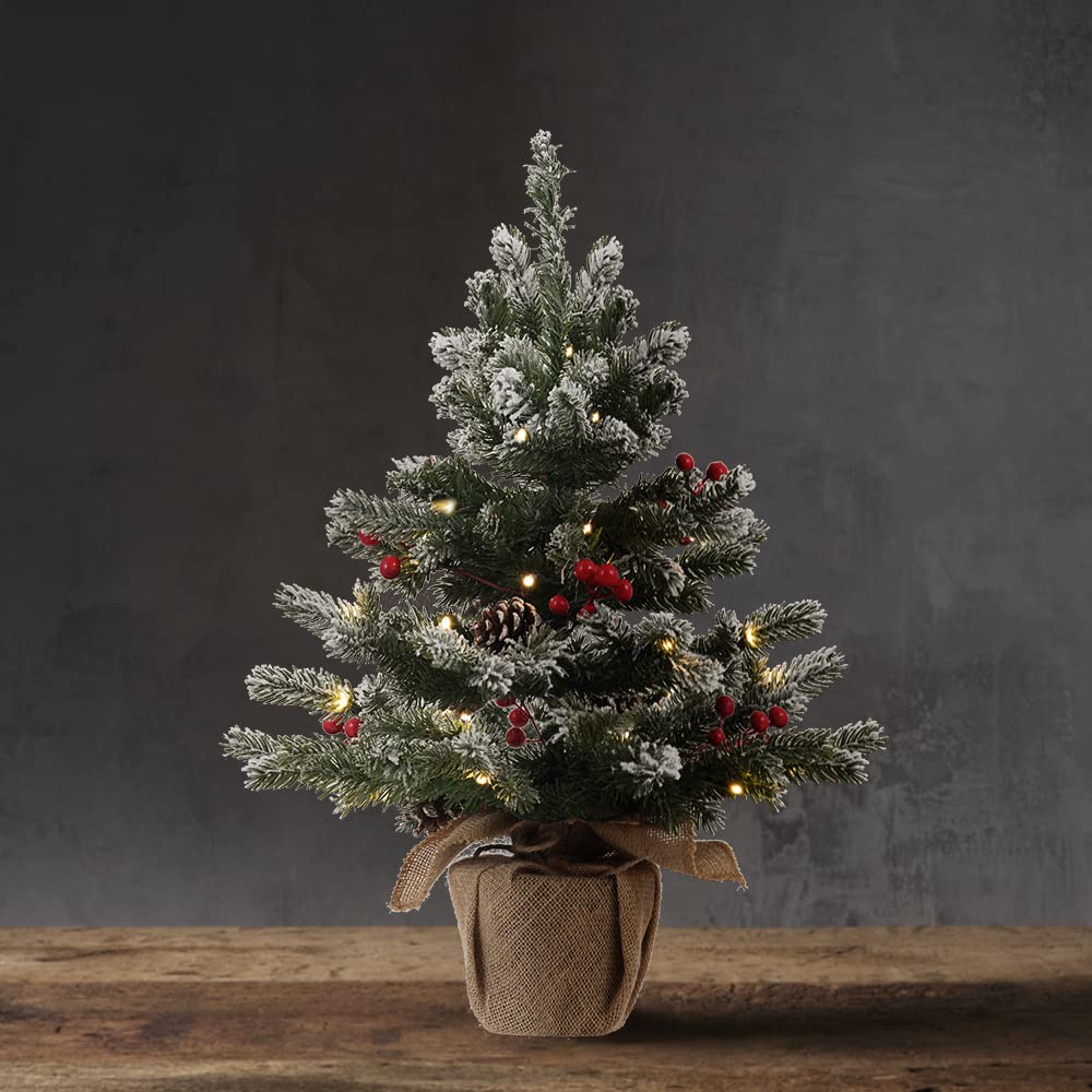 24 Inch 2 FT Pre-lit Snowy Mini Christmas Tree, DECSPAS Small Tabletop Flocked Christmas Tree with 20 LED Lights Red Berries Pine Cones and Cloth Bag Base Xmas Decorations for Holiday Party Home