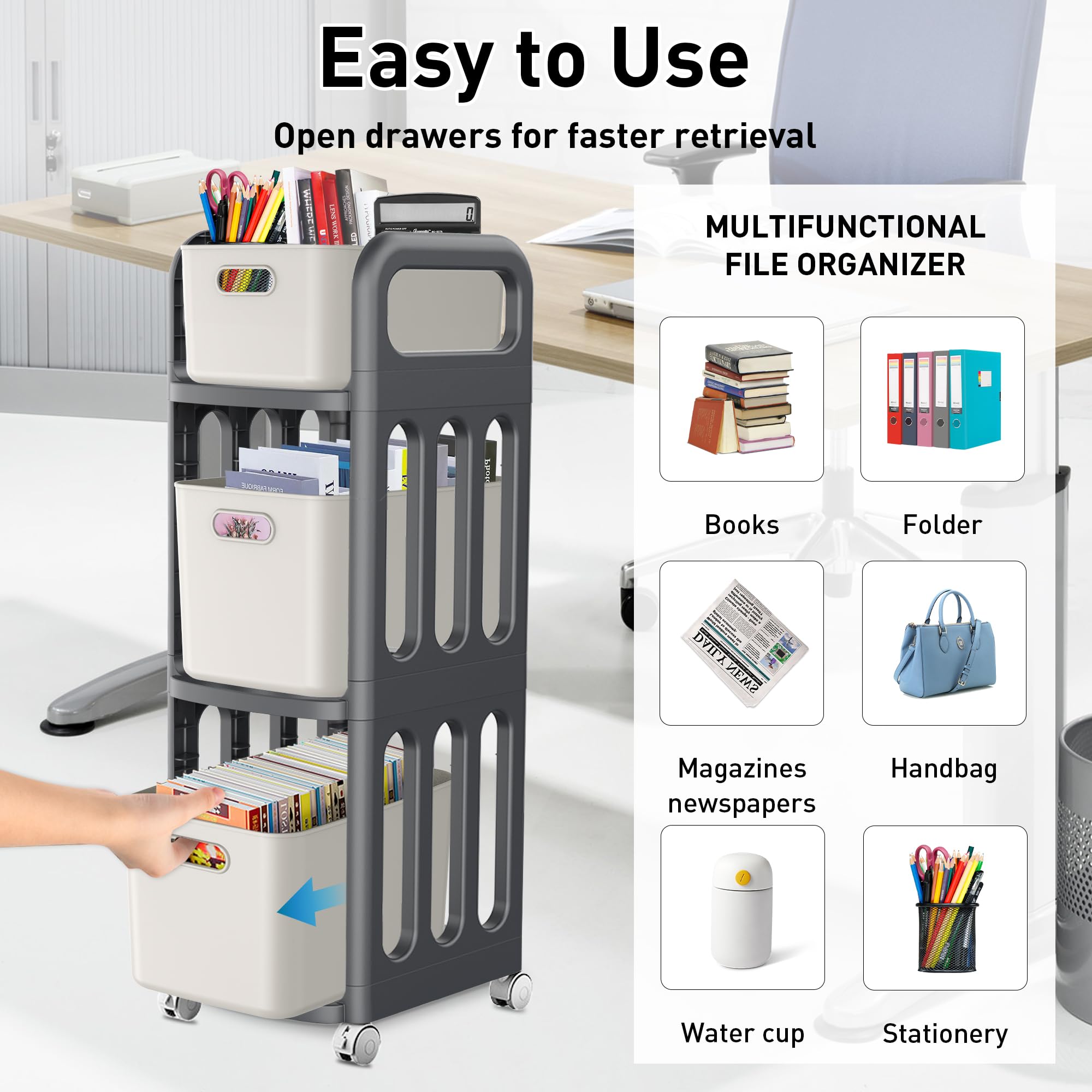 3-Drawer Storage Organizer Rolling Cart, 34β Tall Easy to Assemble Bathroom Organizers and Storage with Wheels, Vertical Storage Organizer Unit for Kitchen Bedroom Dorm Classroom Office
