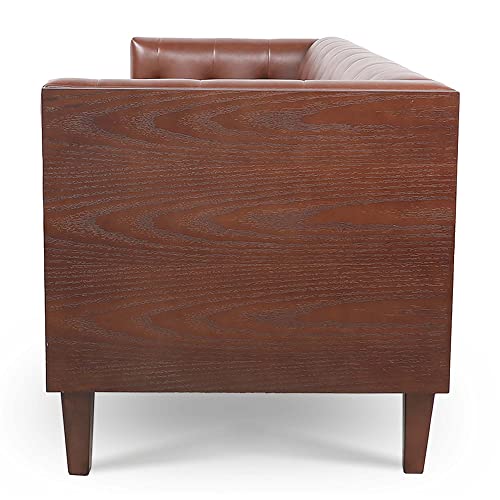 76'' Leather Chesterfield Sofa, Upholstered Tufted Modern Couch with 2 Pillows, Nailhead and Solid Wood Armrest Side Board, 3 Seater Sofa with Wooden Legs for Living Room, Bedroom, Office (Brown)