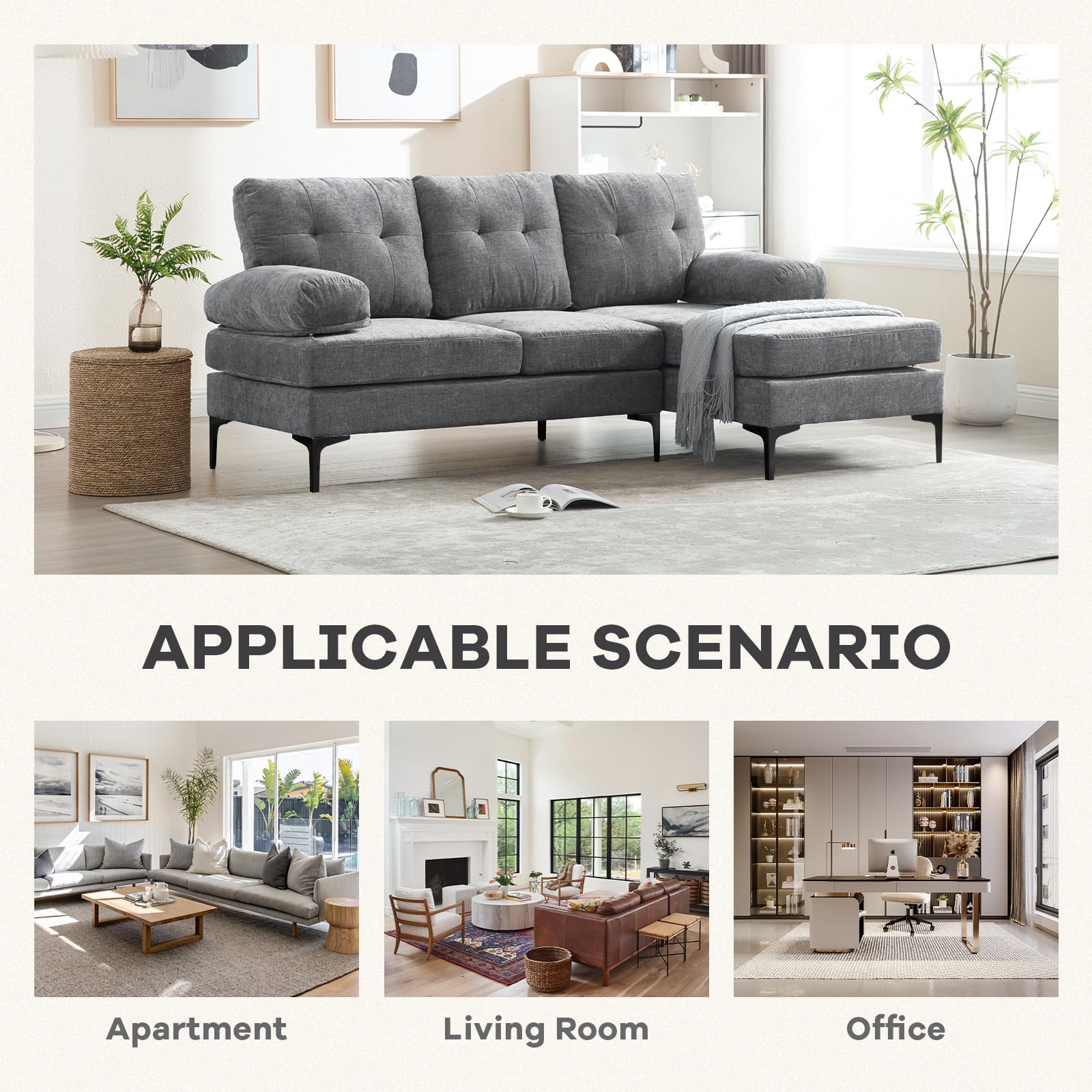 80 Inch Sectional Sofa, Modern Comfy Chenille L Shape Sofa with Chaise Lounge 3 Seat Sleep Sofa with Fluffy Armrests Deep Seat Sofa for Living Room Small Space Apartment(Grey)