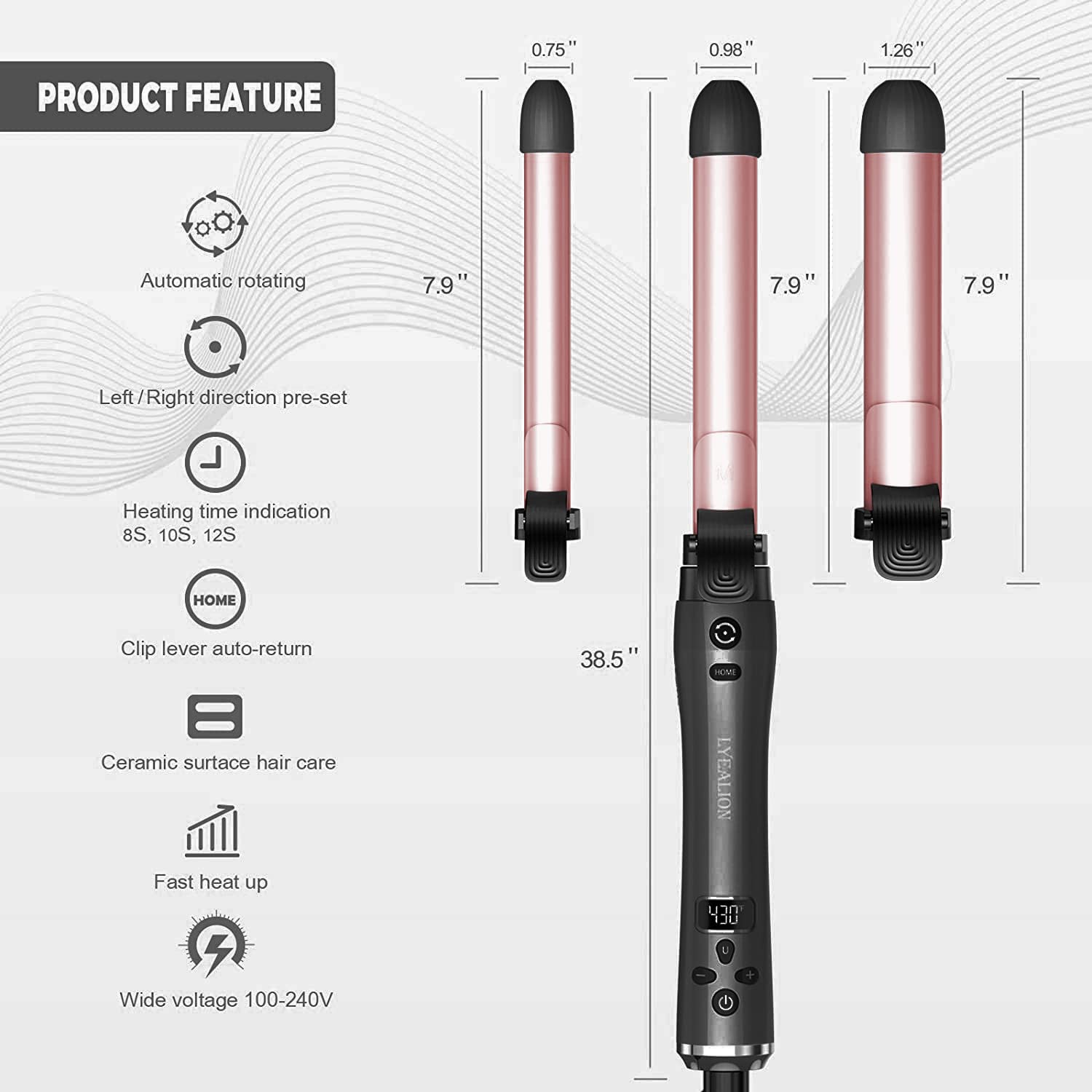 3-in-1 Automatic Curling Iron,Rotating Hair Styling Curler with LCD Temperature Display,with 3 Interchangeable Tourmaline Ceramic Tubes(3/4, 1", 1.25") Switch at Will for Instant Heat