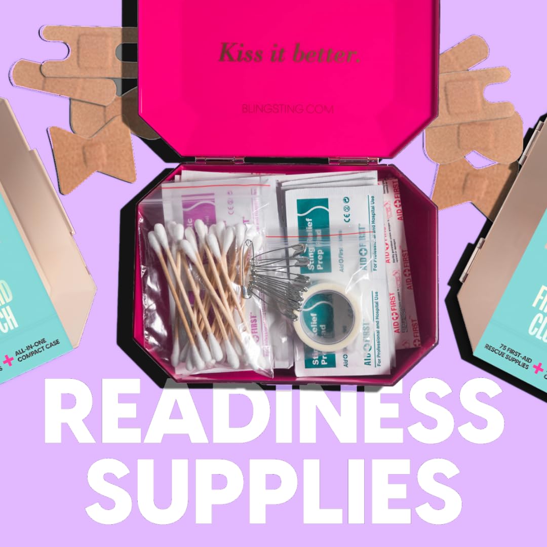 BLINGSTING First Aid Kit - 75 Essential First-aid Supplies, Bandages, Wipes, Gold Travel Case - Multipurpose Mini Emergency Kit for Women - Pink Interior - Compact & Versatile - TSA Approved (1 Count)