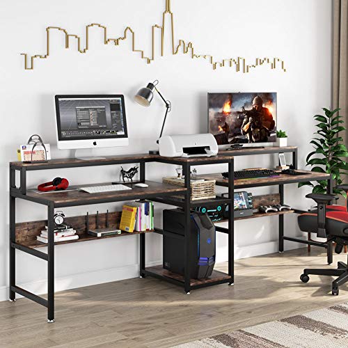 Tribesigns 94.5 inch Double Computer Desk with Storage Shelf, Extra Long Two Persons Desk with Printer Shelf, Large Office Desk Study Writing Table for Home Office (Rustic Brown)