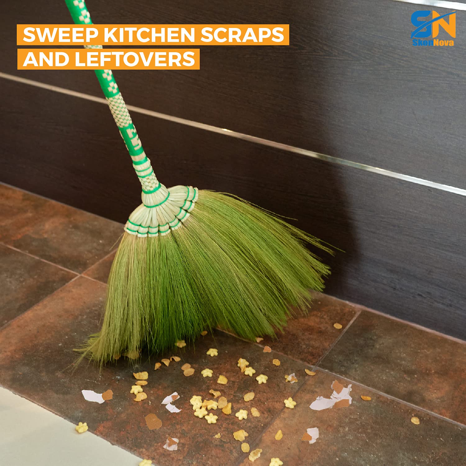 SN SKENNOVA Asian Broom -Beautiful Handmade Retro Grass Broom with Traditional Thai Embroidery On 24" Bamboo Handle, Thick & Sturdy for Unique Wall Decor & Cleaning.
