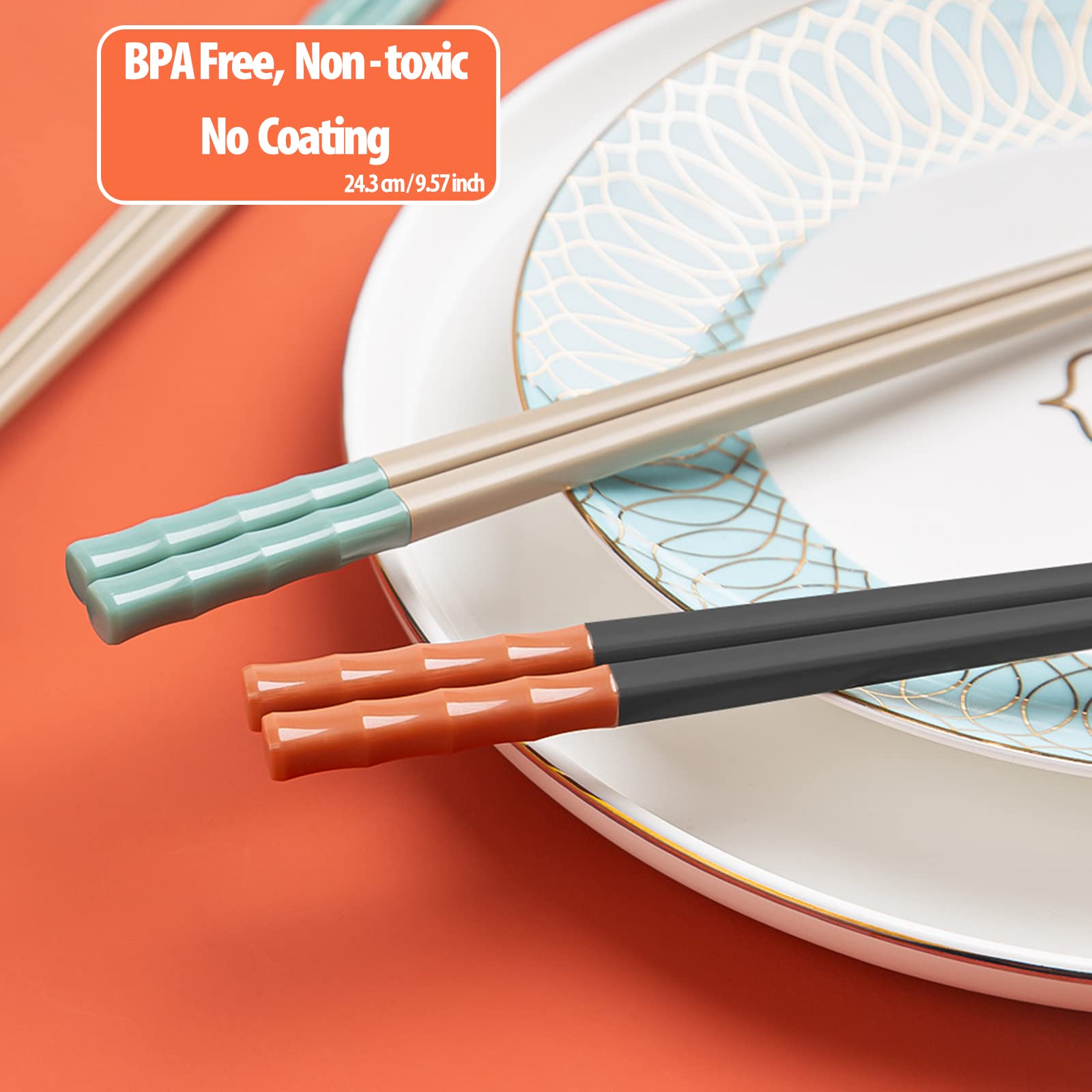 5 Pairs Family Reusable Chopsticks Dishwasher Safe, 9.6 inch/24.3cm Non-Slip Hotel/ Restaurant Japanese Chop Sticks, Chinese ChopStick Gift Set, Blue&Yellow