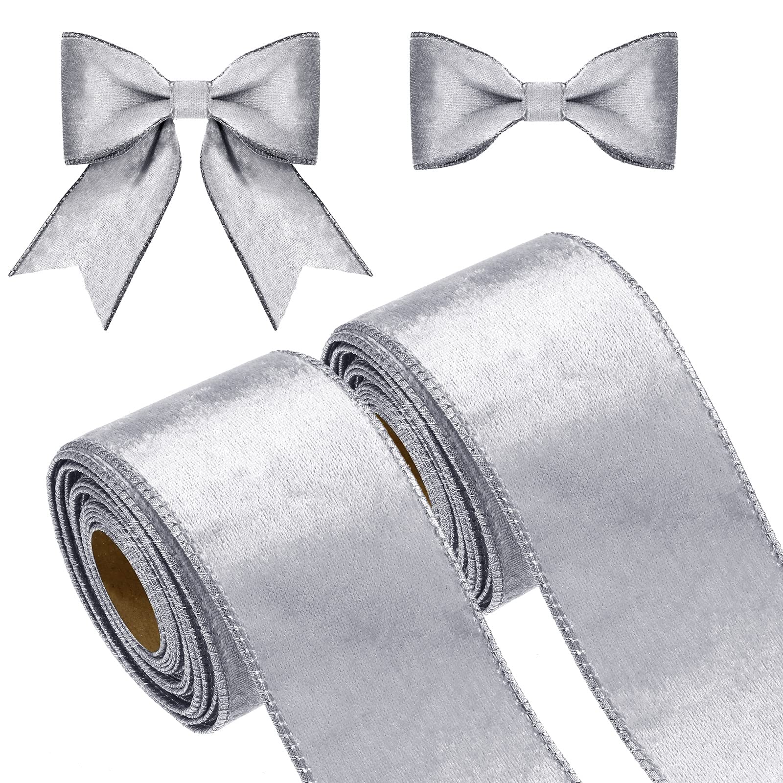 2 Rolls 2.5 Inch 10 Yards Christmas Velvet Ribbon Single Face Christmas Plain Velvet Ribbon for Gift Wrapping Crafts Christmas Wreath Tree Decor (Silver)
