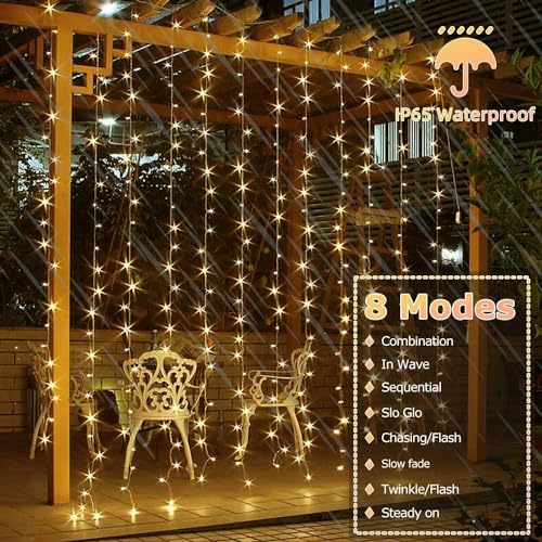 600 LED Solar Curtain Lights Outdoor Remote Control Gazebo Light 8 Modes Waterproof Waterfall Fairy Light String Window Wall Hanging Solar Patio Light Outside Wedding Party Christmas Decor, Warm