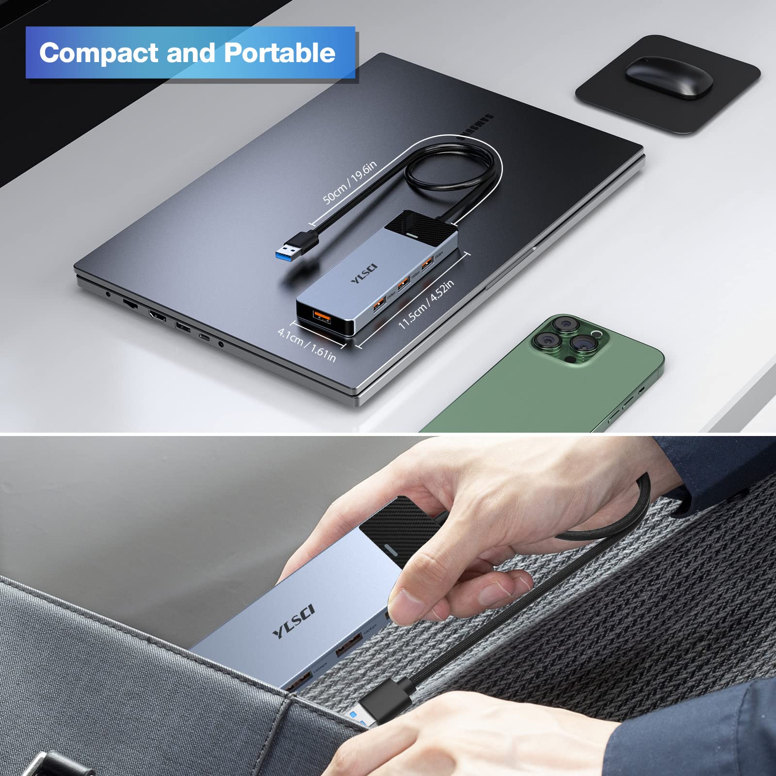 4 in 1 USB Hub,YLSCI USB Adapter, USB 3.2x4 (10Gbps), USB Splitter multiport Adapter, Compatible with Smartphones, laptops and Other USB Devices