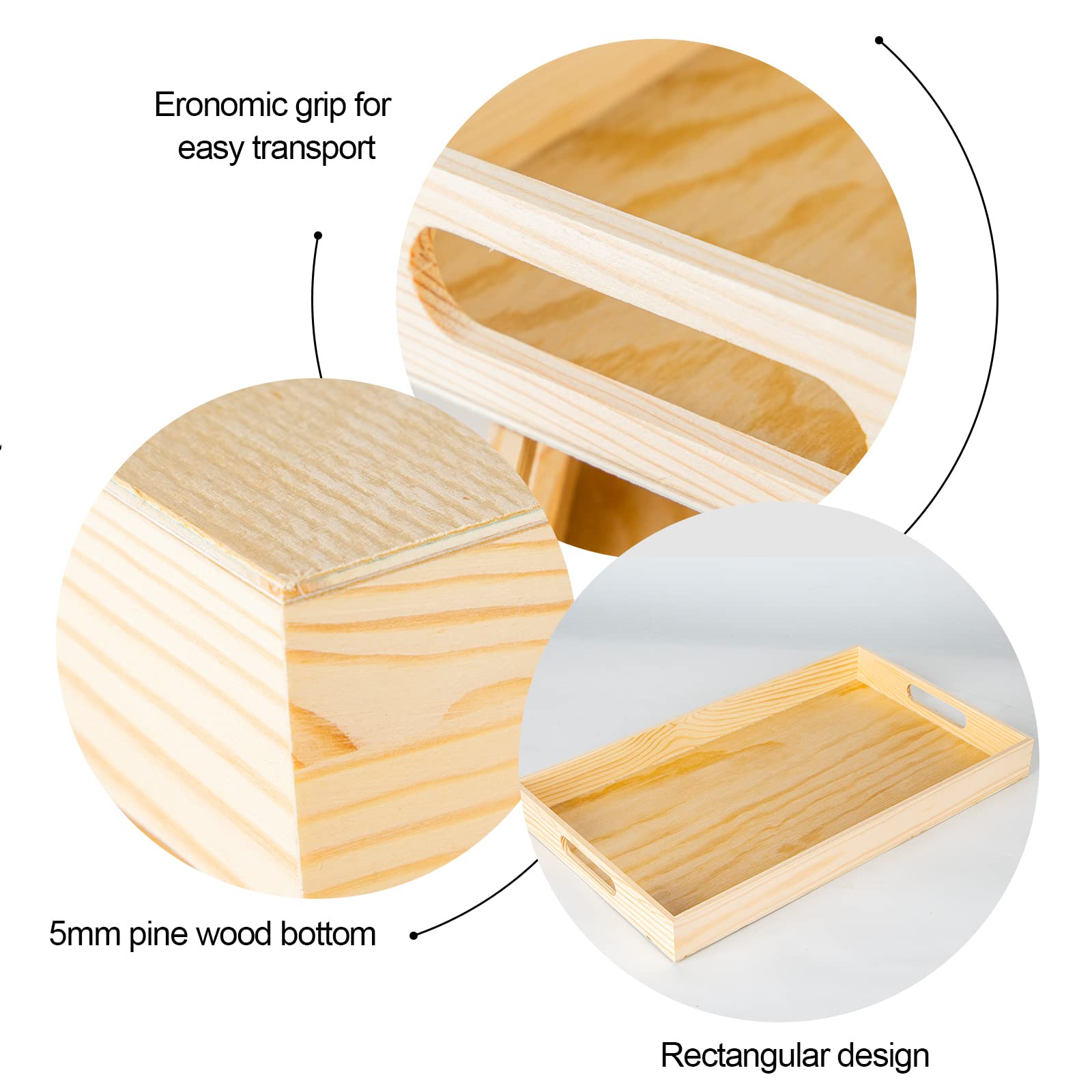 7PCS Wooden Nested Serving Trays Set - Rectangular Shape Unfinished Wood Kitchen Nesting Food Trays with Handle for Coffee, Serving Pastries, Snacks, Chocolate, Craft and Decor