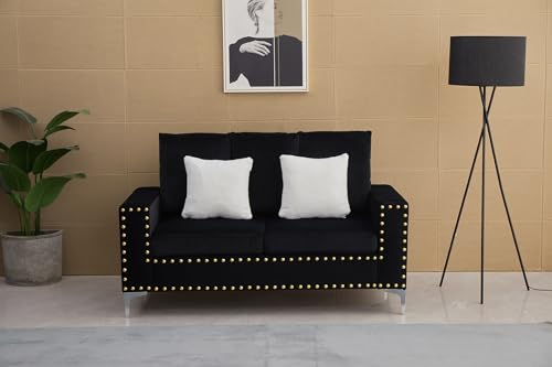 Velvet Small Loveseat Sofa Modern Sectional Couch with Square Armrest Rivets 2 Pillows for Living Room Black
