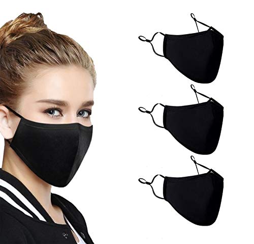 NEWMARK 3 Pack 3-ply Reusable Cloth Face Mask Unisex Face Covering with Filter Pocket, Black/White Dustproof Cotton Mask Washable Safety Mask - Made in USA (Black)