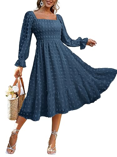 Amegoya Women's Elegant Square Neck Long Sleeve Formal Dress Fall Swiss Dot Modest Smocked Midi Wedding Guest Dress (Navy Blue L)