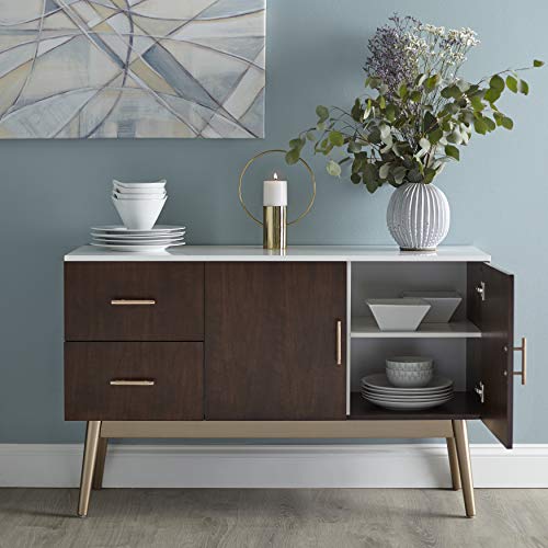 Target Marketing Systems Stacy Mid Century Modern 2-Drawer Dining Room Buffet Cabinet with Gold Tone Accents, 47.25", White/Walnut