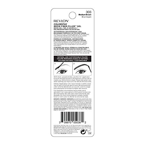 Revlon ColorStay Brow Fiber Filler, Longwearing & Volumizing Waterproof Eyebrow Gel, 303 Medium Brown, 0.23 fl. oz.
