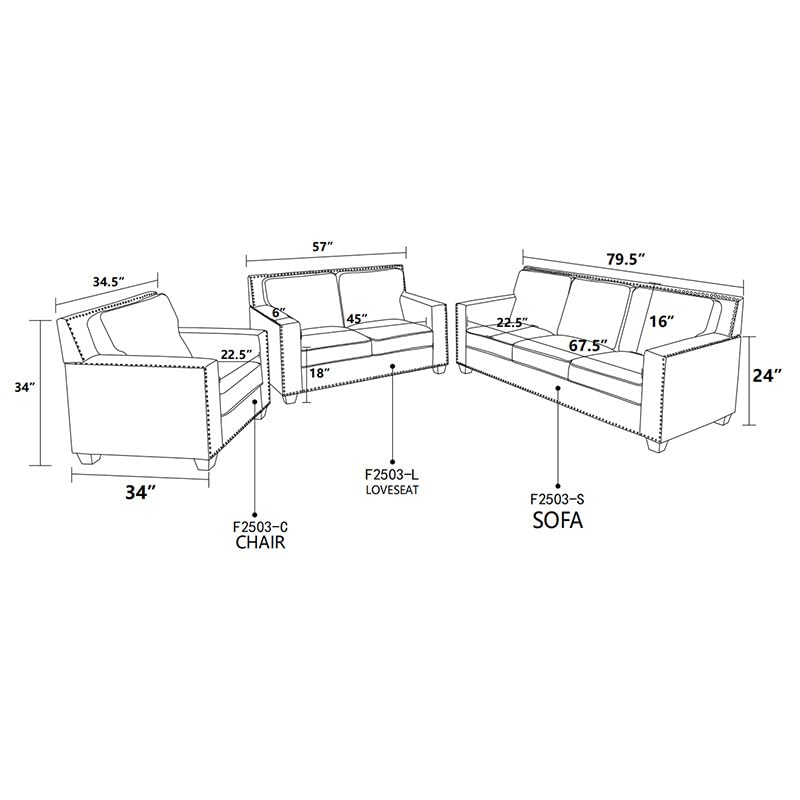 3-Piece Sectional Sofa Sets for Living Room Furniture, Modern Style Button Linen Couches with Tufted Cushions Including Chair Loveseat for Small Space Apartment Office