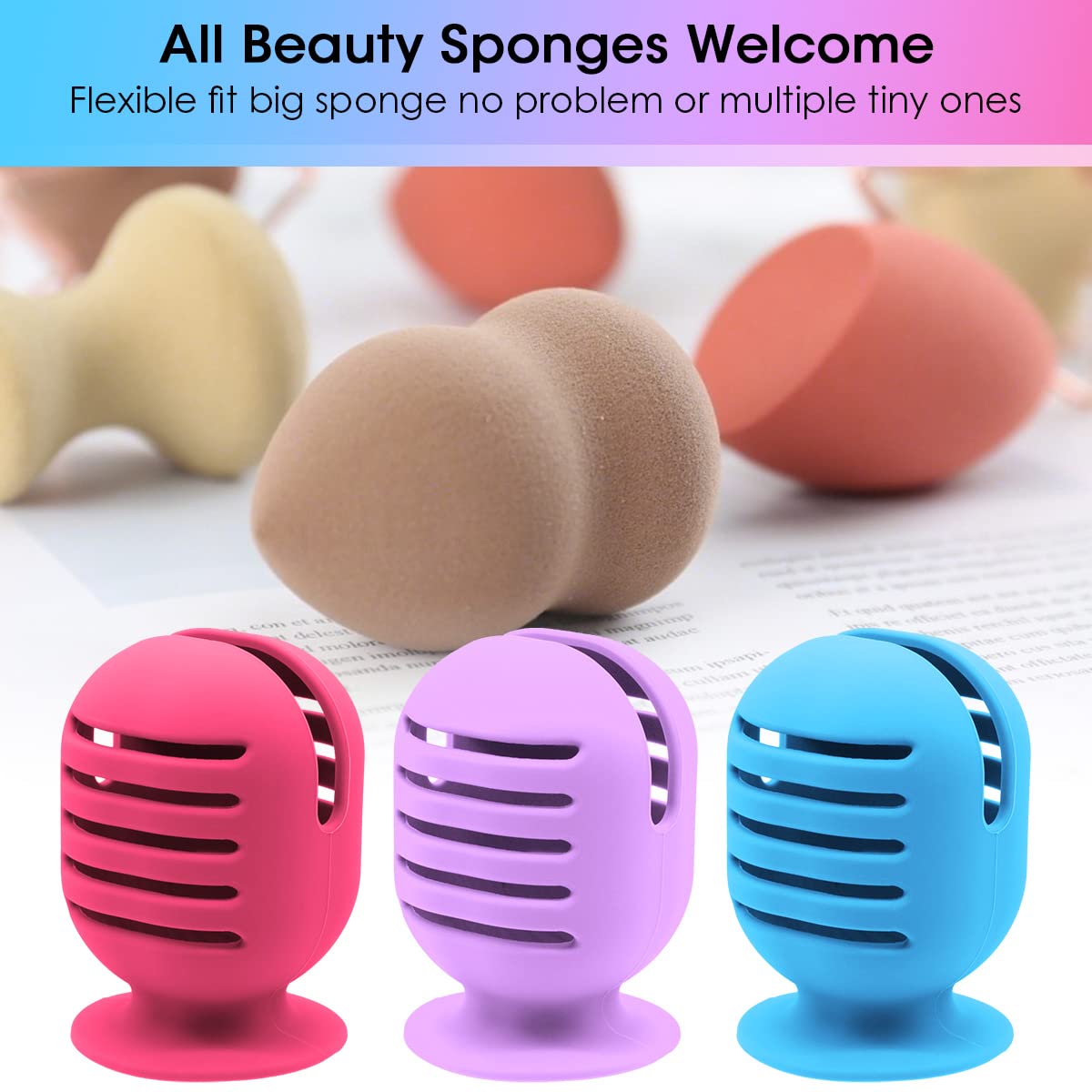 3Piece Makeup Sponge Holder,Silicone Beauty Blender Holder Case for Travel, Suctioned Drying Stand Makeup Sponges Protective Carrying Case Holders Organizer for Makeup-Rose Red,Blue,Purple
