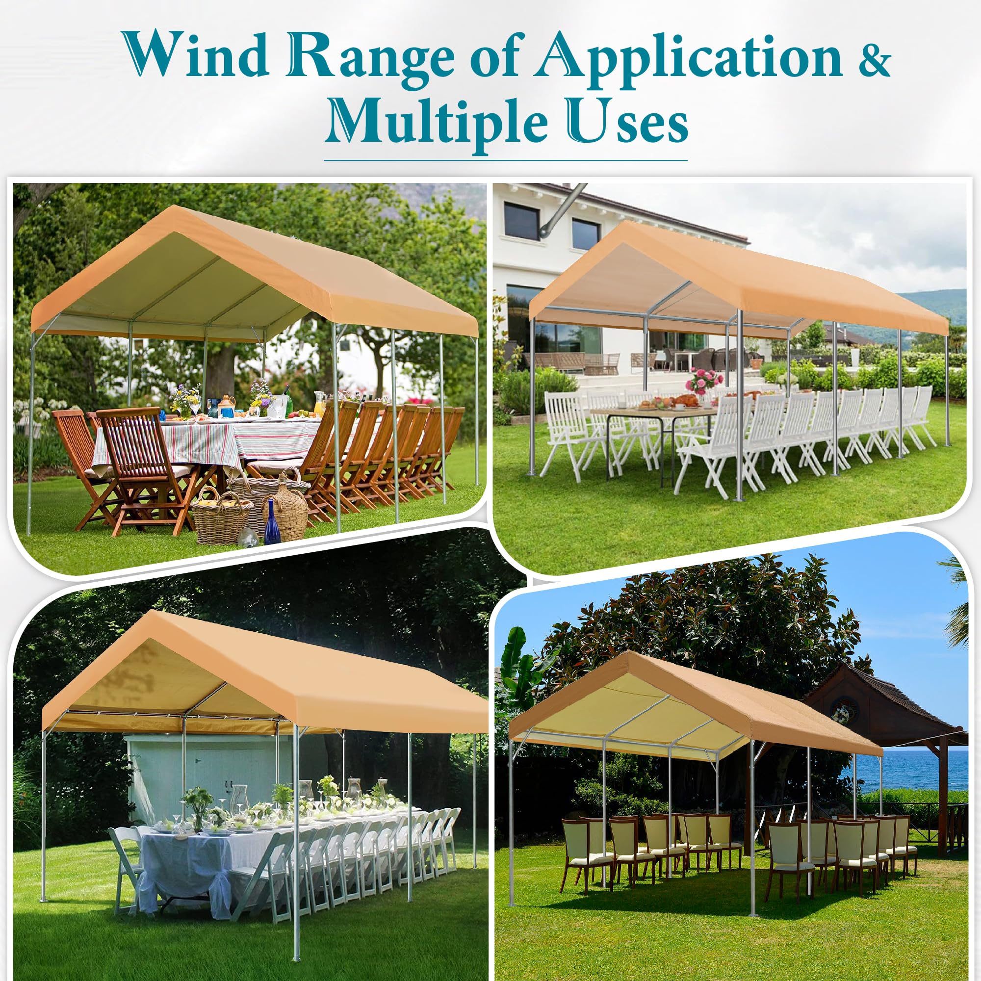 PHI VILLA 10x20 ft Heavy Duty Carport Car Canopy Garage Boat Shelter Party Tent(ith 4 Sand Bag),Beige