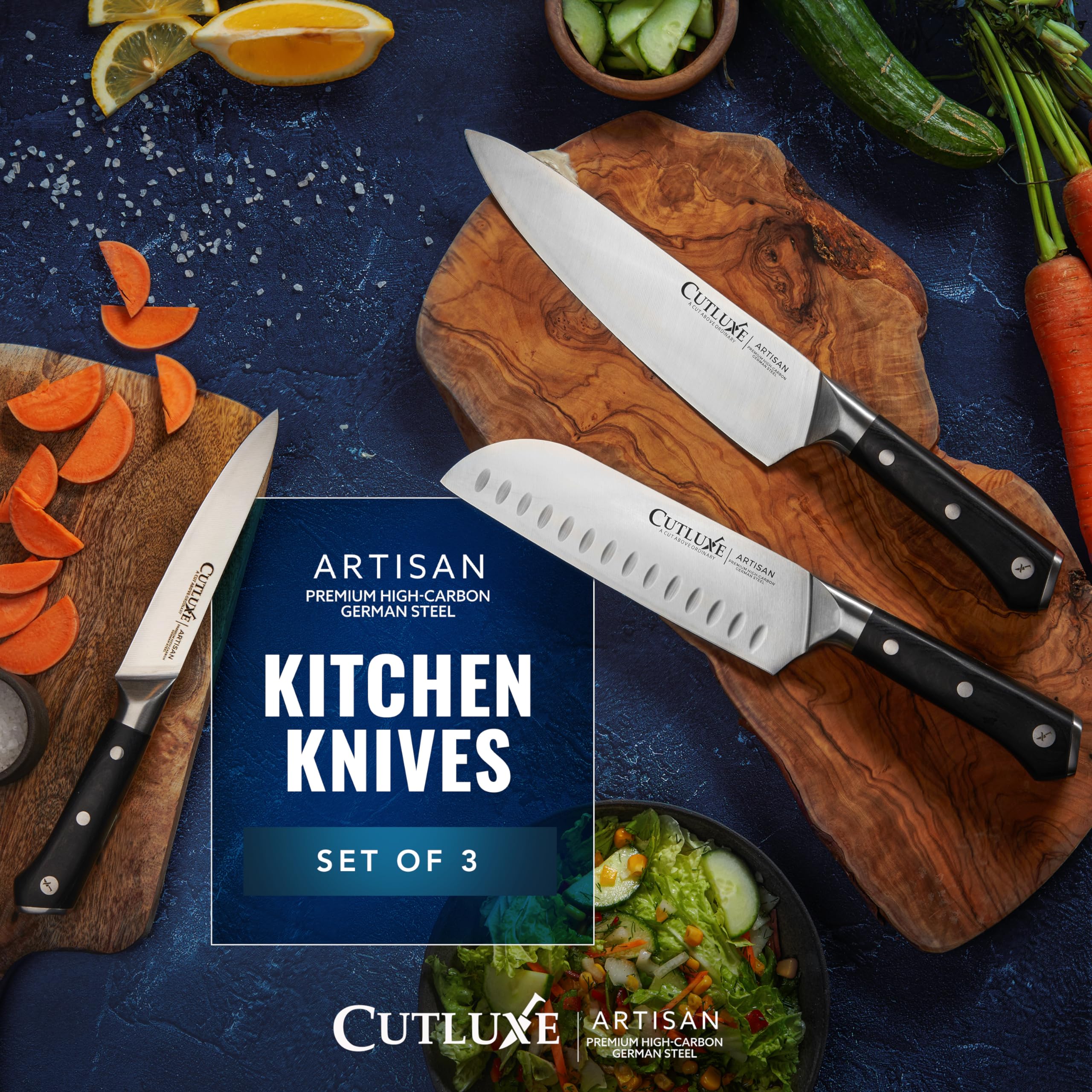 Cutluxe Chef Knife Set, 3 PCS Professional Chef's Knife Set β Razor Sharp German Steel, Full Tang, Ergonomic Handles - Artisan Series