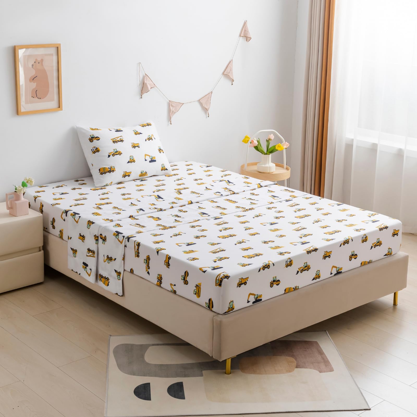 3-Piece Twin Size Kids Bed Sheet Set by Coukouchyi, Soft & Breathable Kids Fitted Sheet, Construction Kids Twin Bed Flat Sheet for Boys Deep Pocket (Twin)