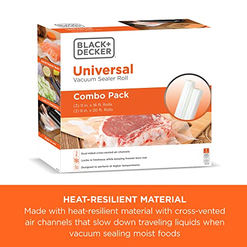 Black + Decker Vacuum Sealer Bags Combo Pack of 5 Rolls, Use for Sous Vide or Meal Prep, BPA Free, Dishwasher Safe, Tear Resistant, Safe to Microwave, Boil, or Freeze